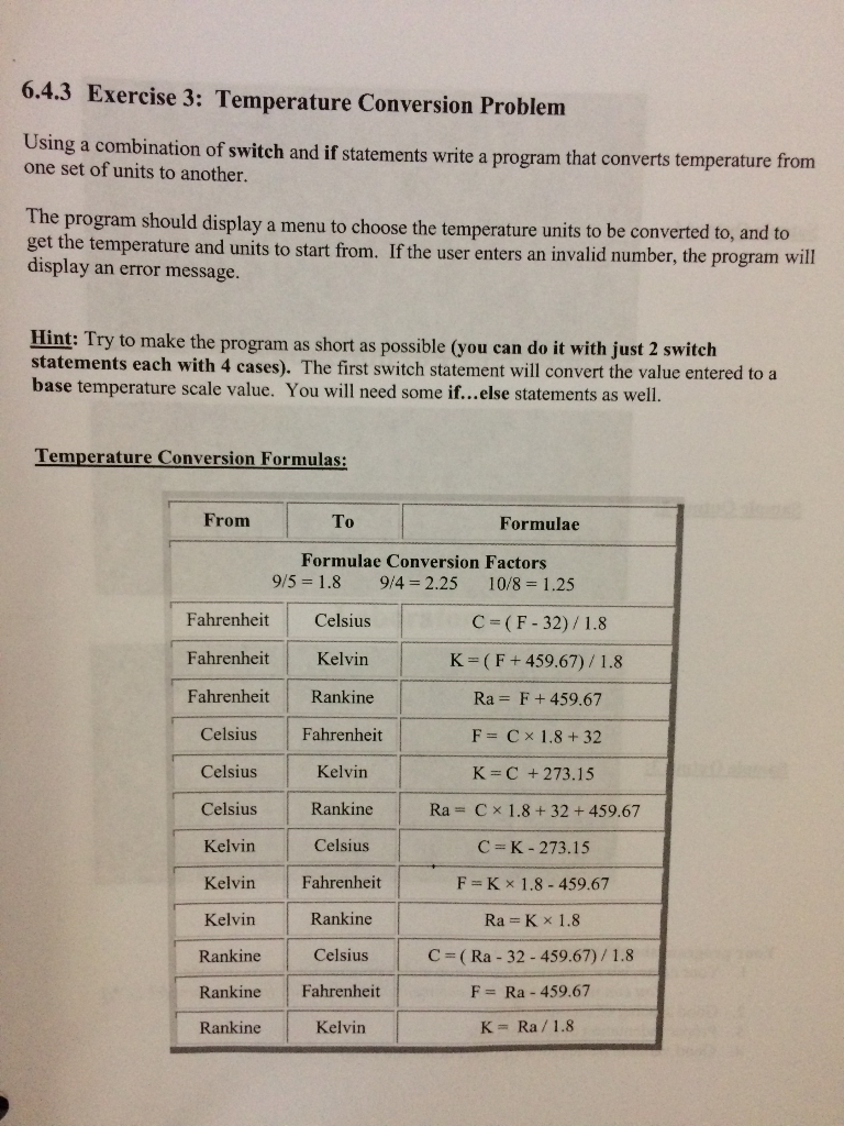 Solved 6.4.3 Exercise 3: Temperature Conversion Problem | Chegg.com