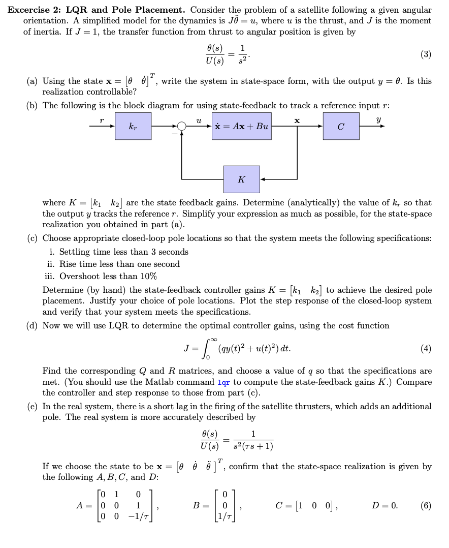 Excercise 2: LQR and Pole Placement. Consider the | Chegg.com