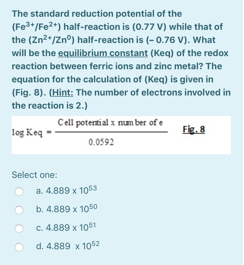 Solved The standard reduction potential of the (Fe3+/Fe2+) | Chegg.com