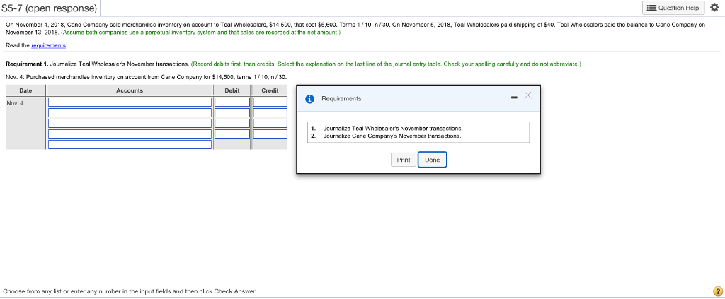 Solved S5-7 (open response) Question Help * On November 4 | Chegg.com