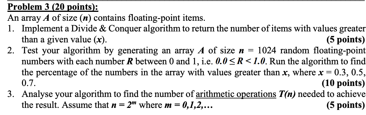 Solved Problem 3 (20 points): An array A of size (n) | Chegg.com