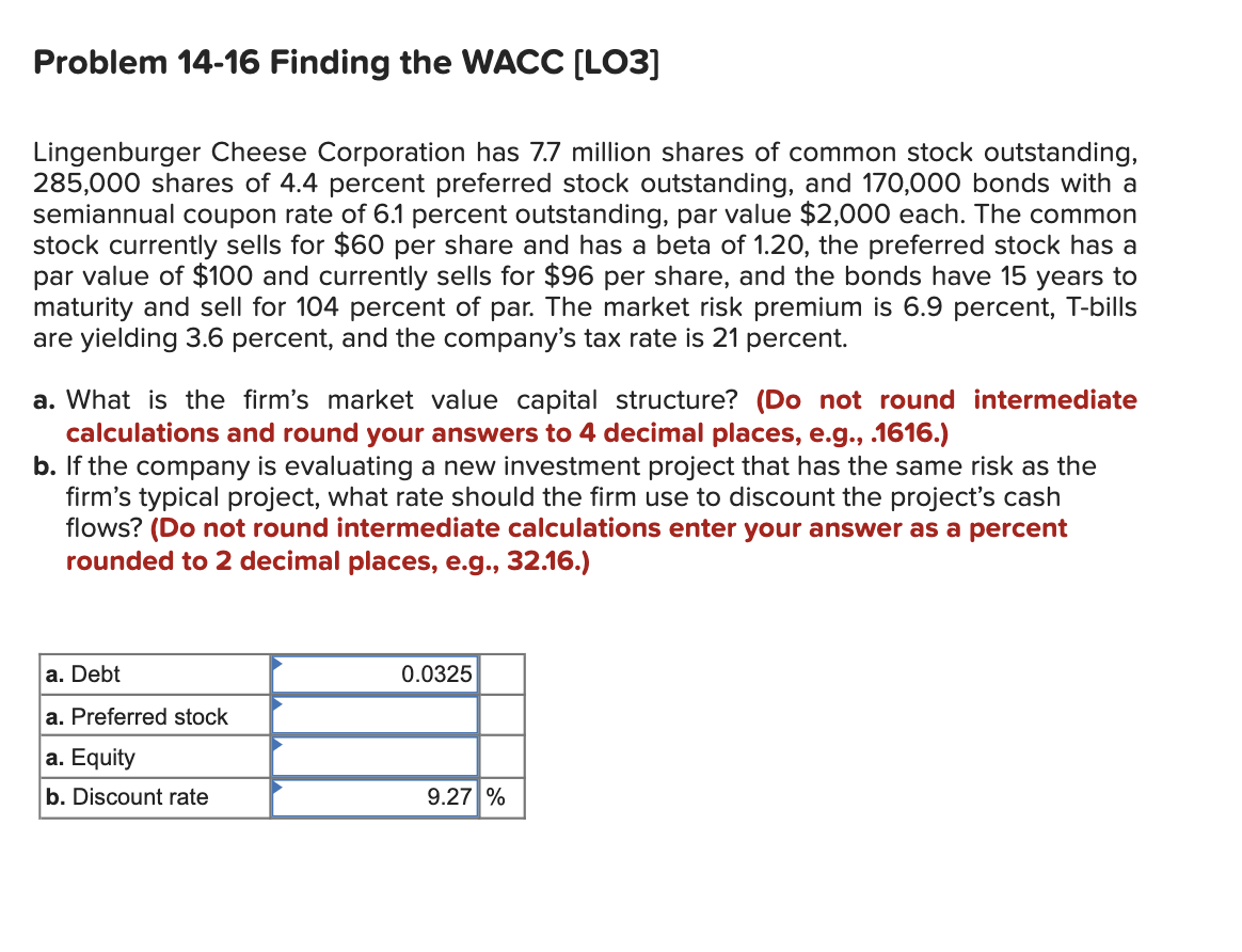 Solved Problem 14-16 Finding the WACC (LO3) Lingenburger | Chegg.com