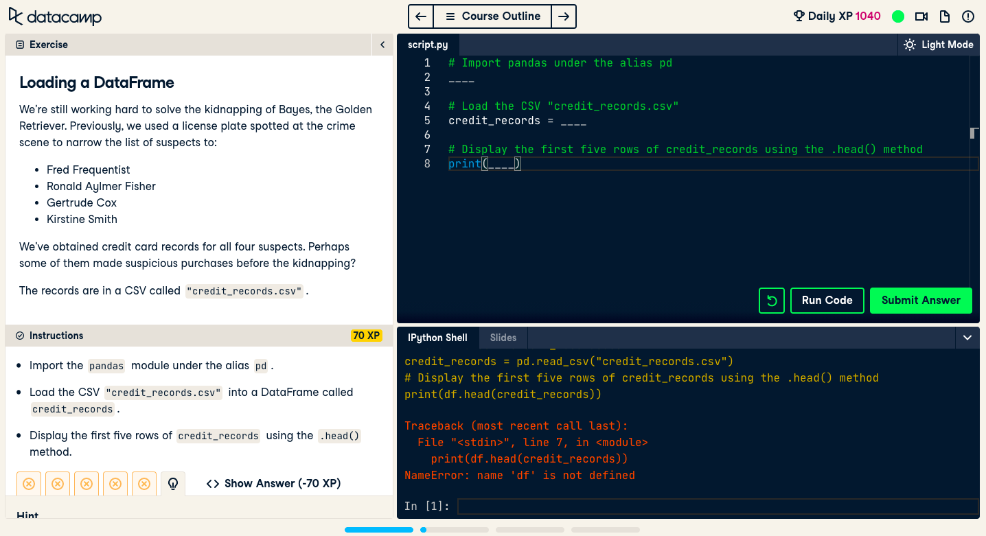 Solved A datacamp = Course Outline Y Daily XP 1040 и во 3 | Chegg.com