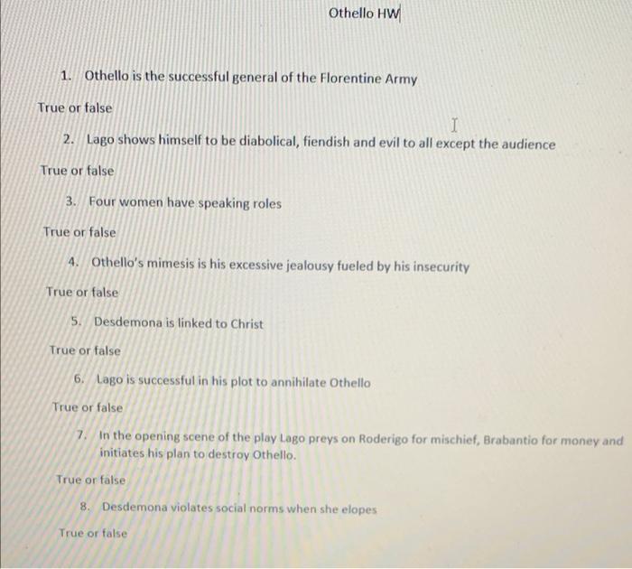 Solved Othello HW 1. Othello is the successful general of | Chegg.com