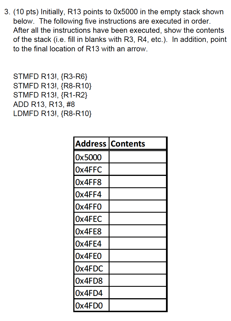 Solved 3. (10 pts) Initially, R13 points to 0x5000 in the | Chegg.com
