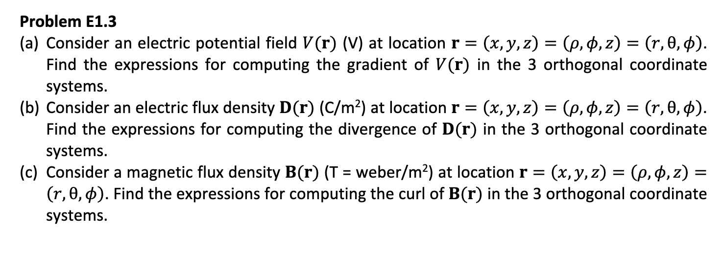 Solved Problem E1.3 (a) Consider an electric potential field | Chegg.com
