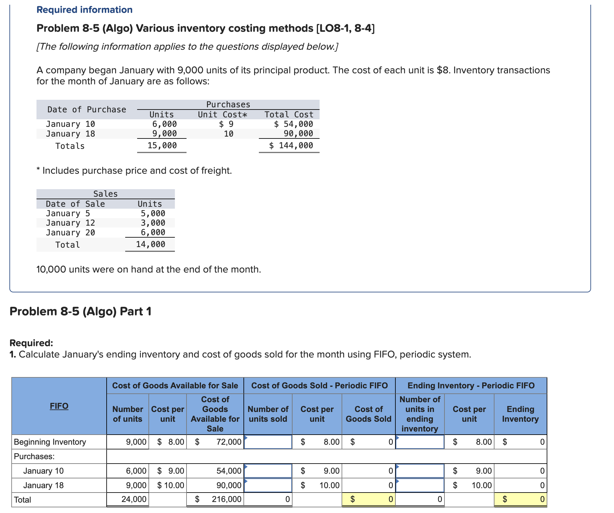Solved Problem 8-5 (Algo) Various inventory costing methods | Chegg.com