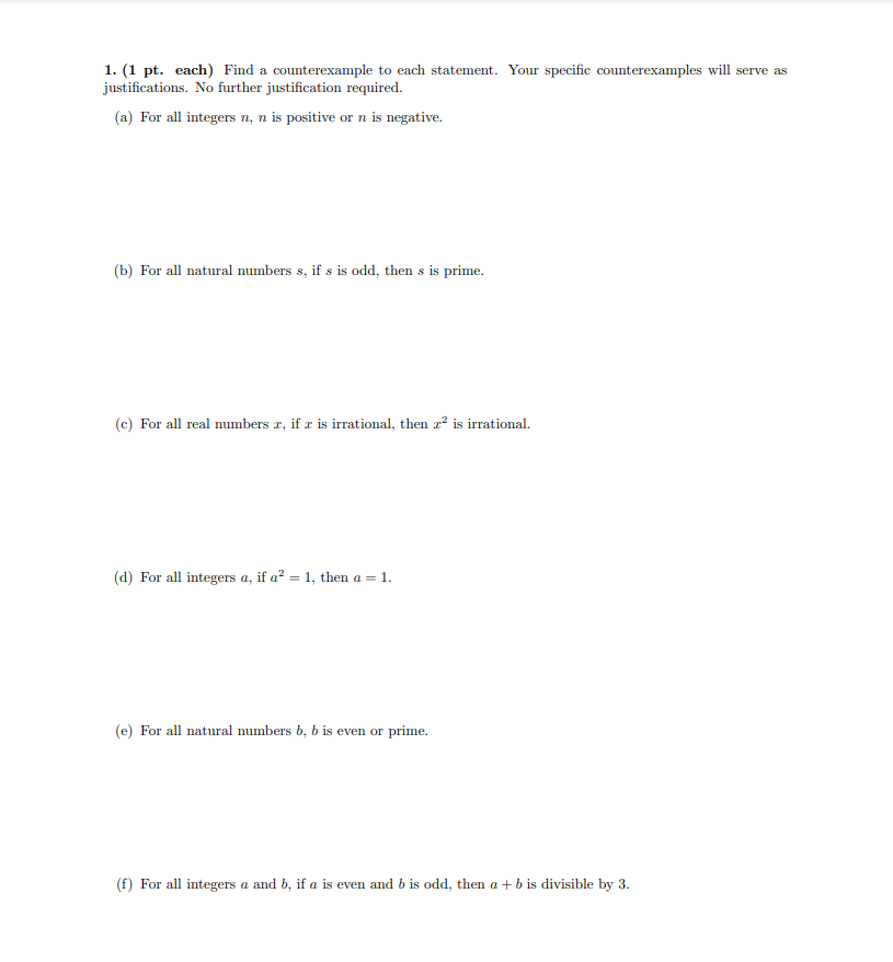 Solved 1. (1 pt. each) Find a counterexample to each | Chegg.com