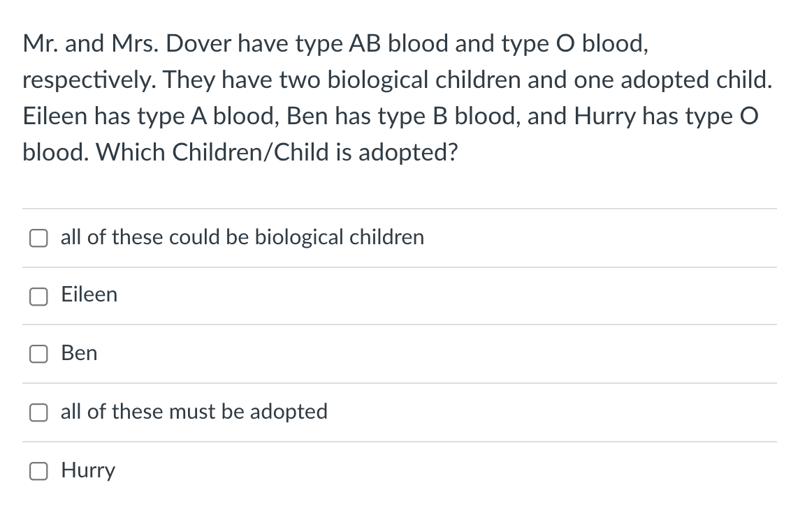 Solved Mr. and Mrs. Dover have type AB blood and type O | Chegg.com