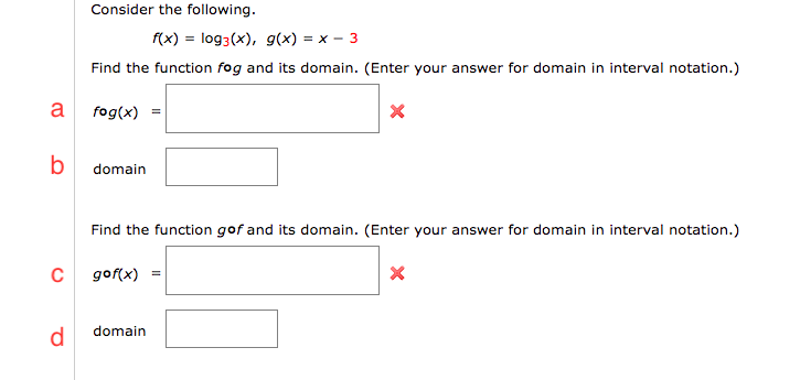 Solved Consider the following. f(x)log3(x), g(x) x - 3 Find | Chegg.com