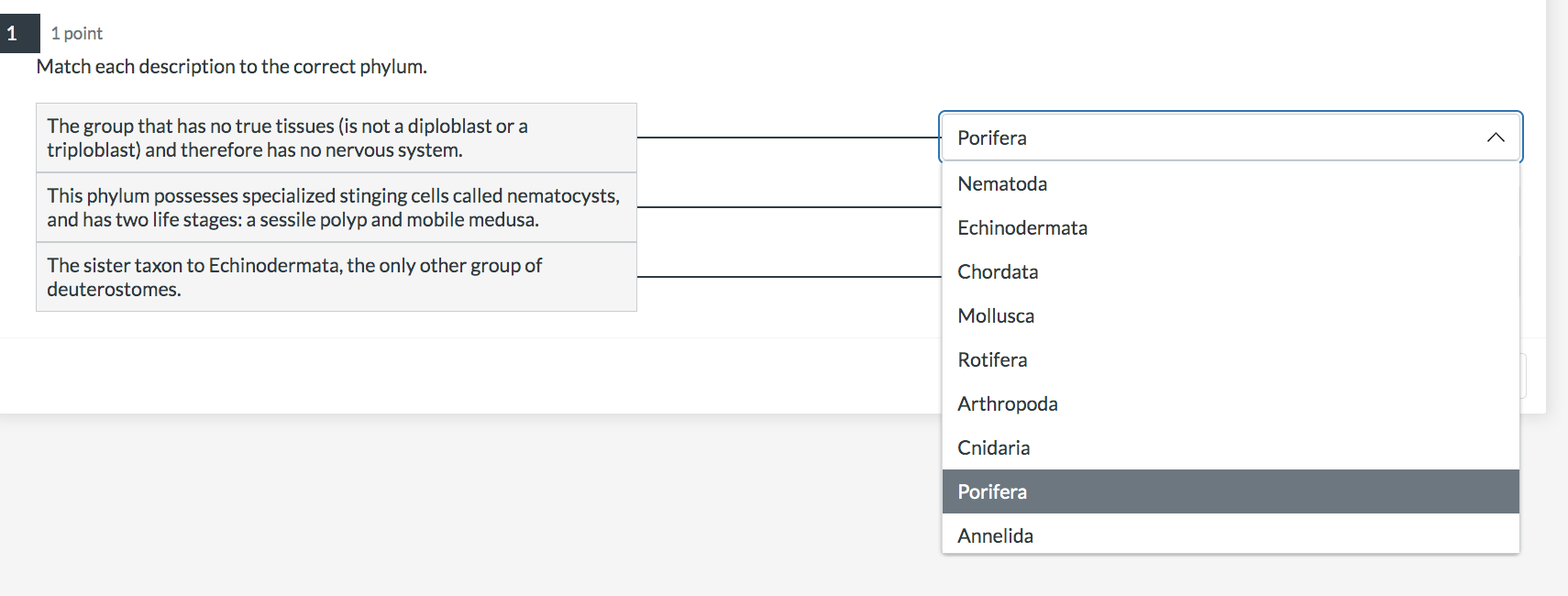 Solved 1 point Match each description to the correct phylum. | Chegg.com