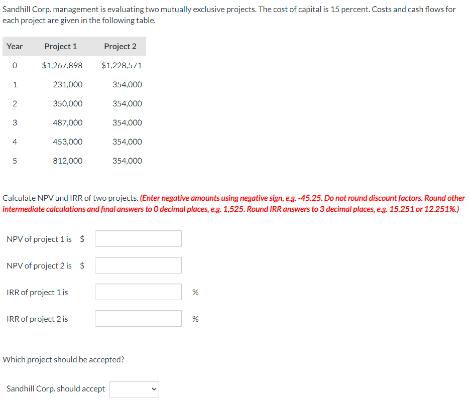 Solved Sandhill Corp. management is evaluating two mutually | Chegg.com