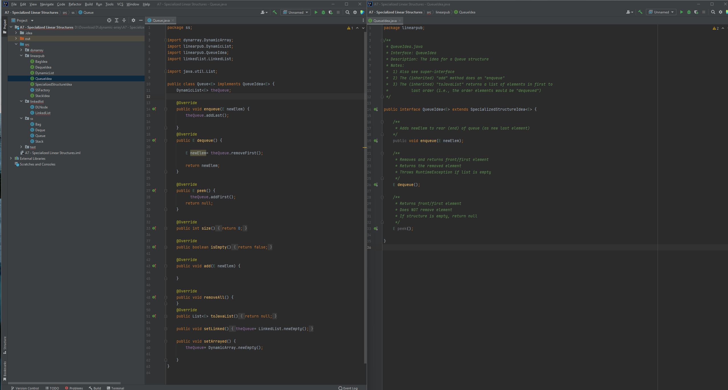 A7 - Specialized Linear Structures - Queueldea.java | Chegg.com