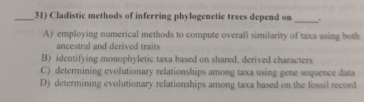 Solved 31) Cladistic methods of inferring phylogenetic trees | Chegg.com