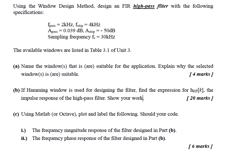 Solved Using the Window Design Method, design an FIR | Chegg.com