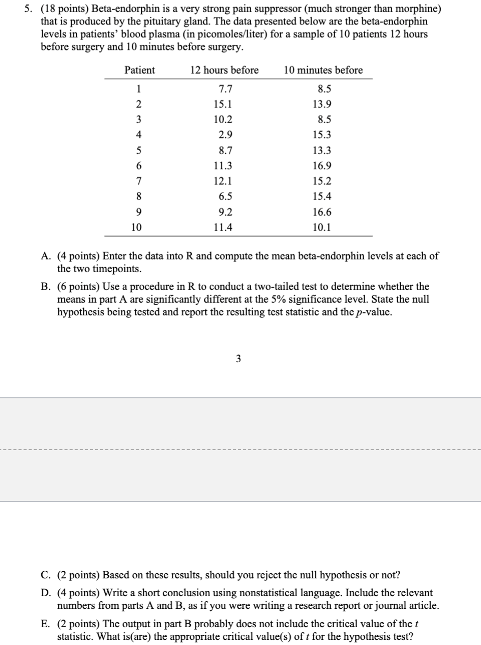 Solved 5. (18 points) Beta-endorphin is a very strong pain | Chegg.com