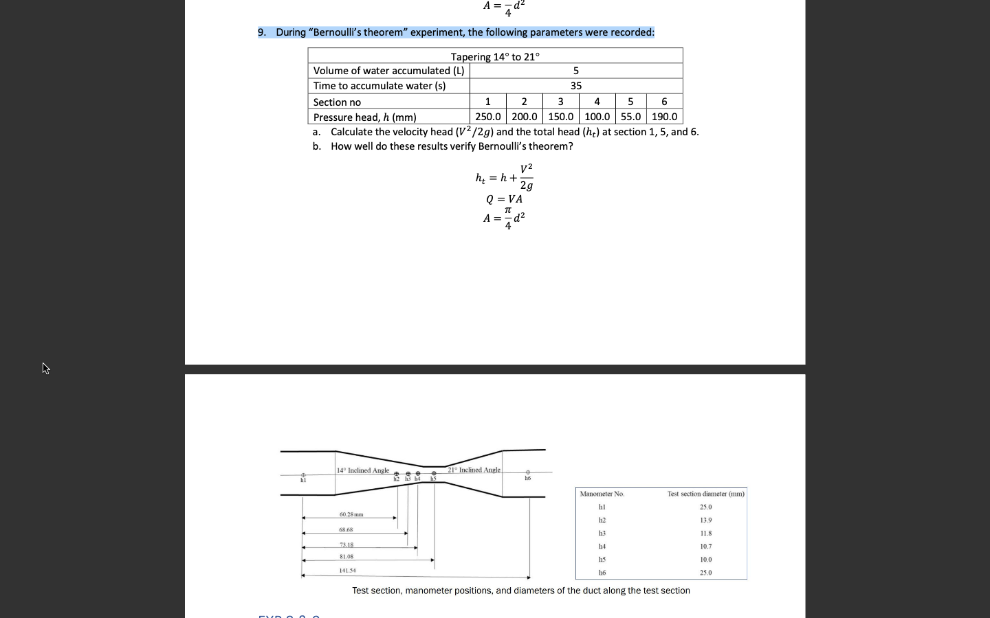 Solved 2 A==d² 9. During "Bernoulli's theorem" experiment, | Chegg.com