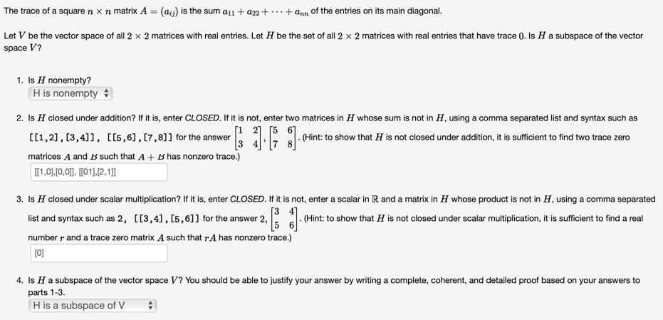 Solved The trace of a square n×n matrix A=(aij) is the sum | Chegg.com