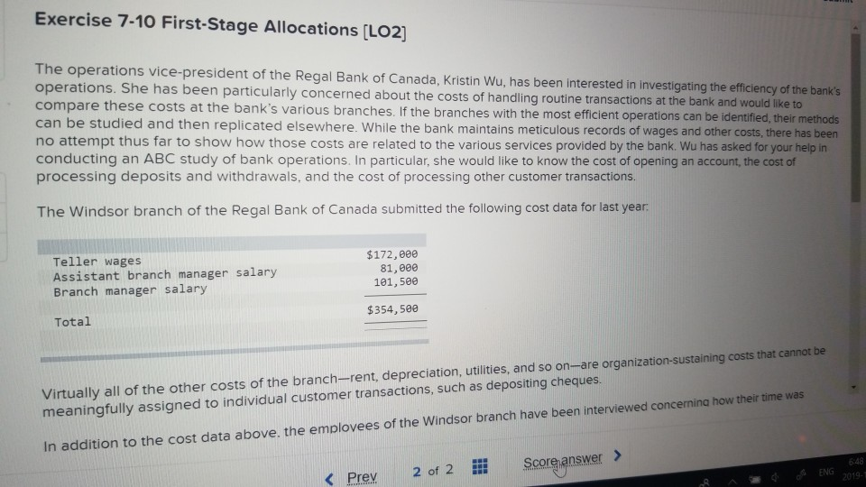 Solved Exercise 7-10 First-Stage Allocations (L02) The | Chegg.com