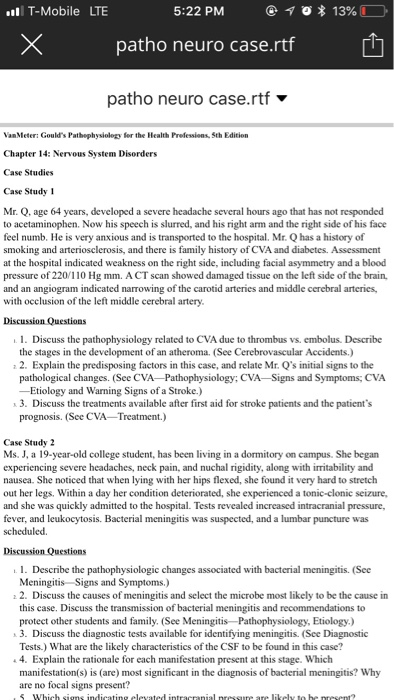 Solved l T-Mobile LTE 5:22 PM patho neuro case.rtf patho | Chegg.com