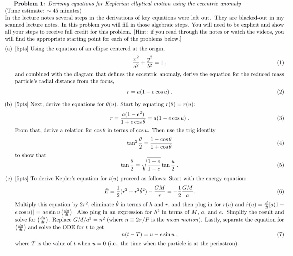 Problem 1: Deriving equations for Keplerian | Chegg.com