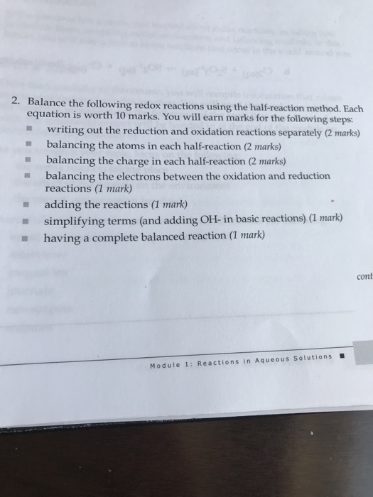Solved Balance the following redox reactions using the half | Chegg.com