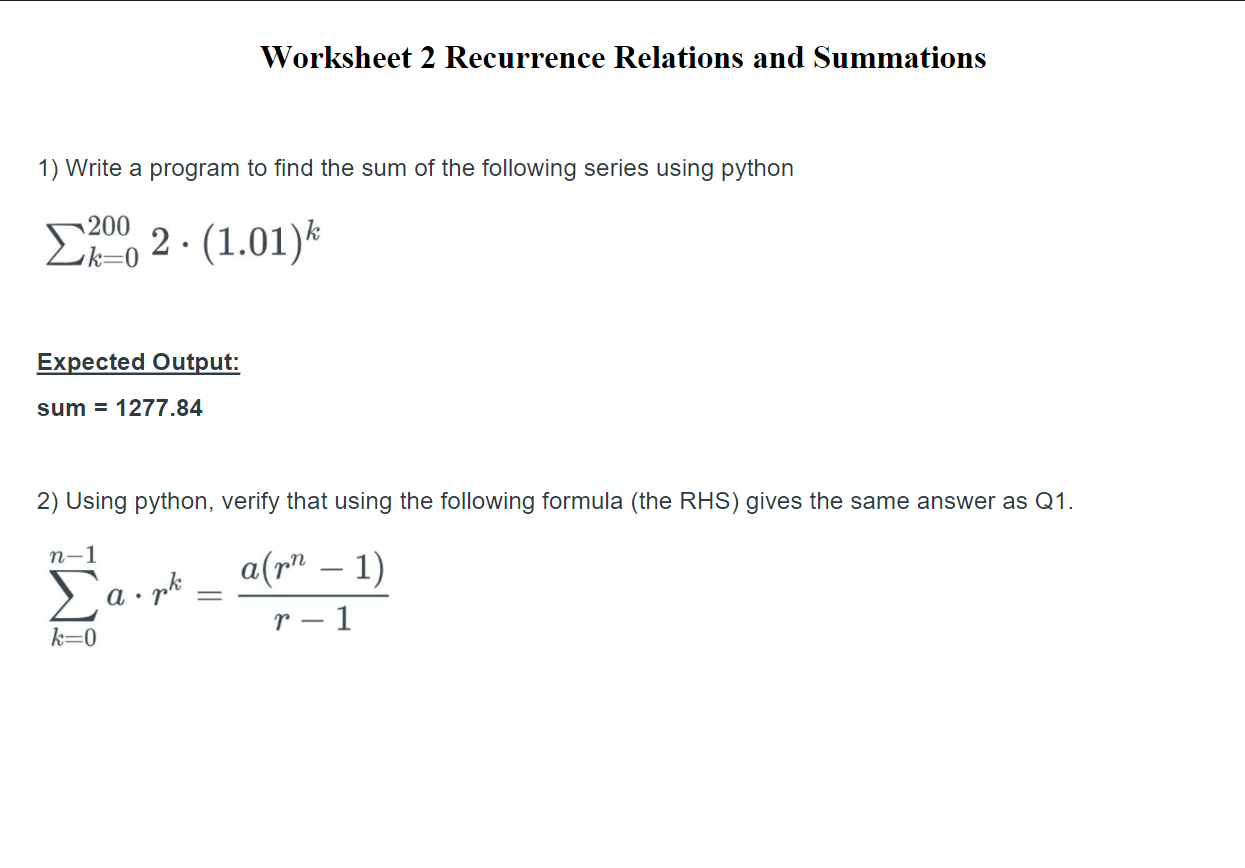 Worksheet 2 Recurrence Relations And Summations 1