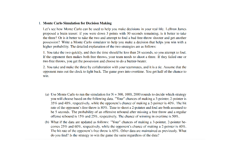 Solved 1. Monte Carlo Simulation for Decision Making Lct's | Chegg.com
