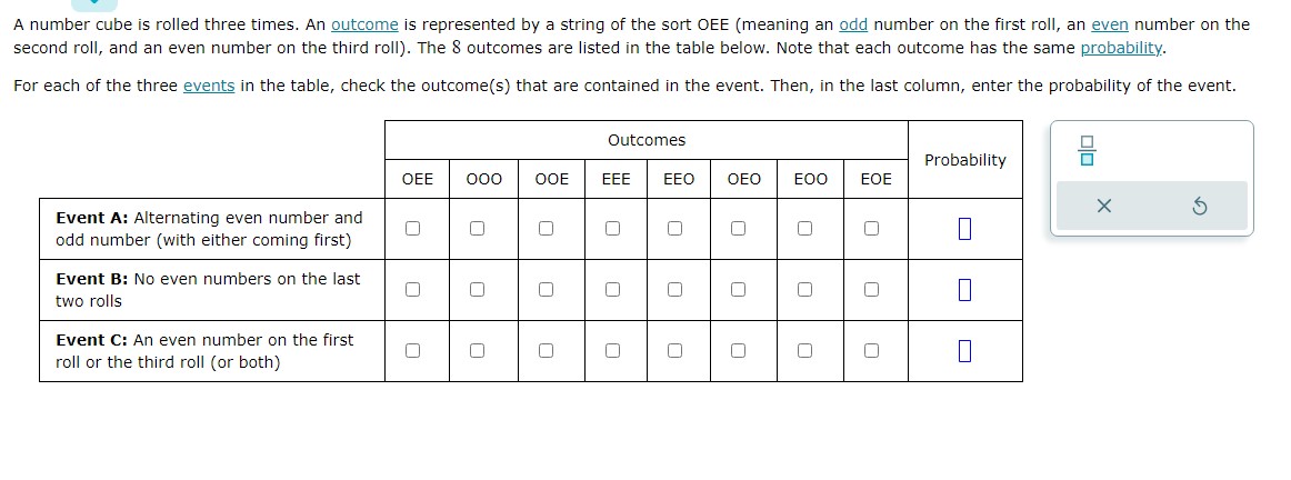 Solved A number cube is rolled three times. An outcome is | Chegg.com