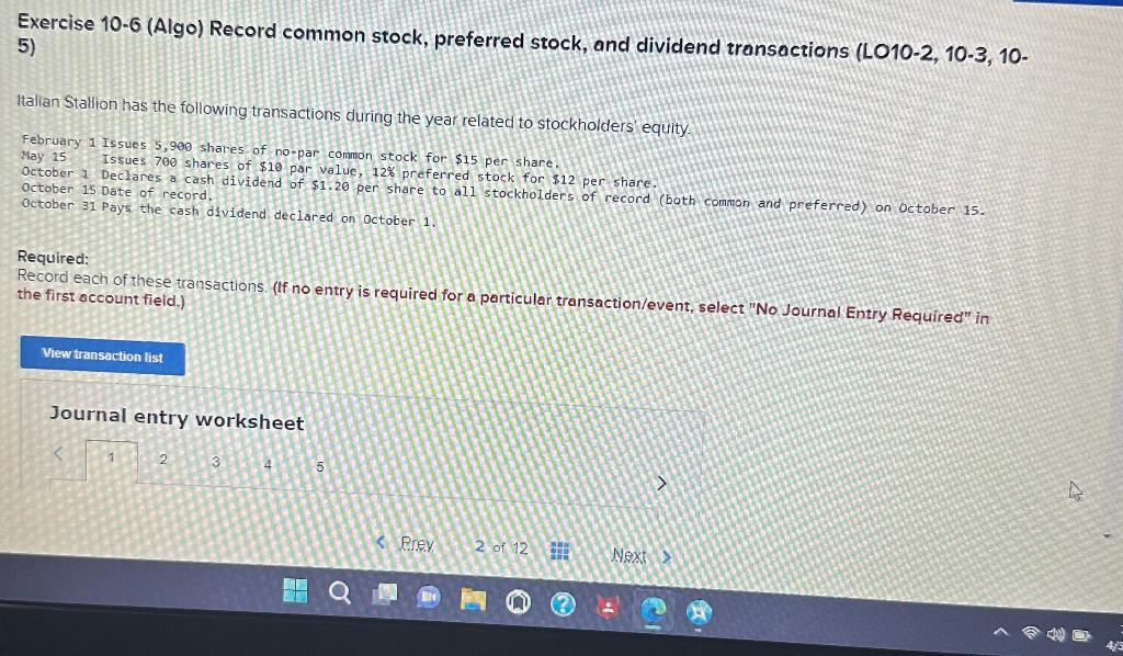 Solved Exercise 10-6 (Algo) Record common stock, preferred | Chegg.com