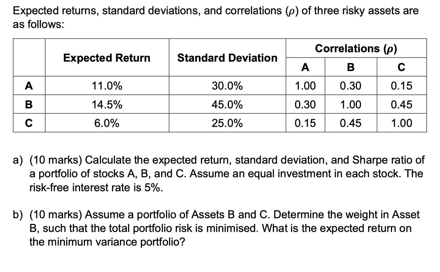 Solved Expected Returns Standard Deviations And