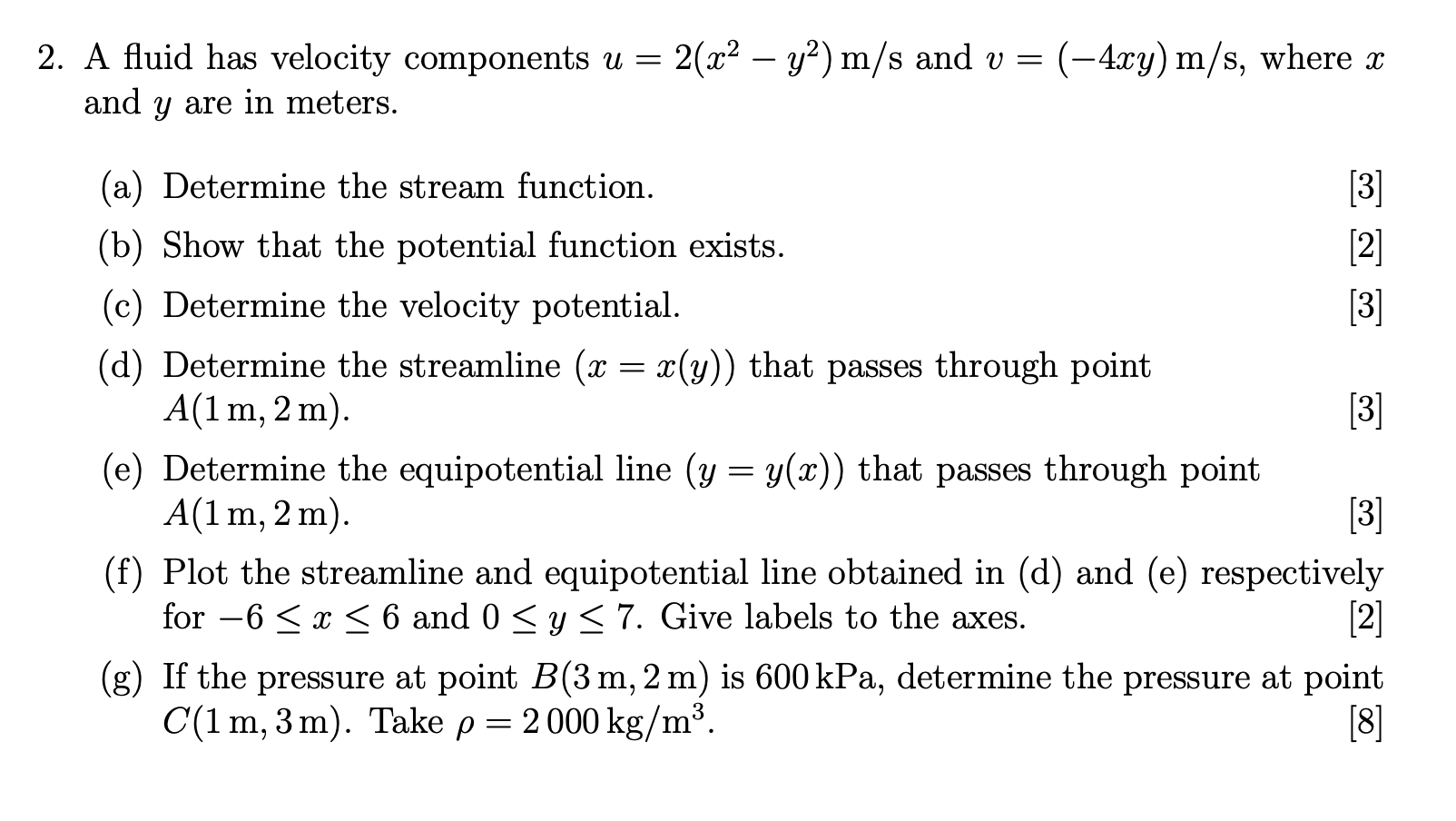 Solved 2. A fluid has velocity components u=2(x2−y2)m/s and | Chegg.com