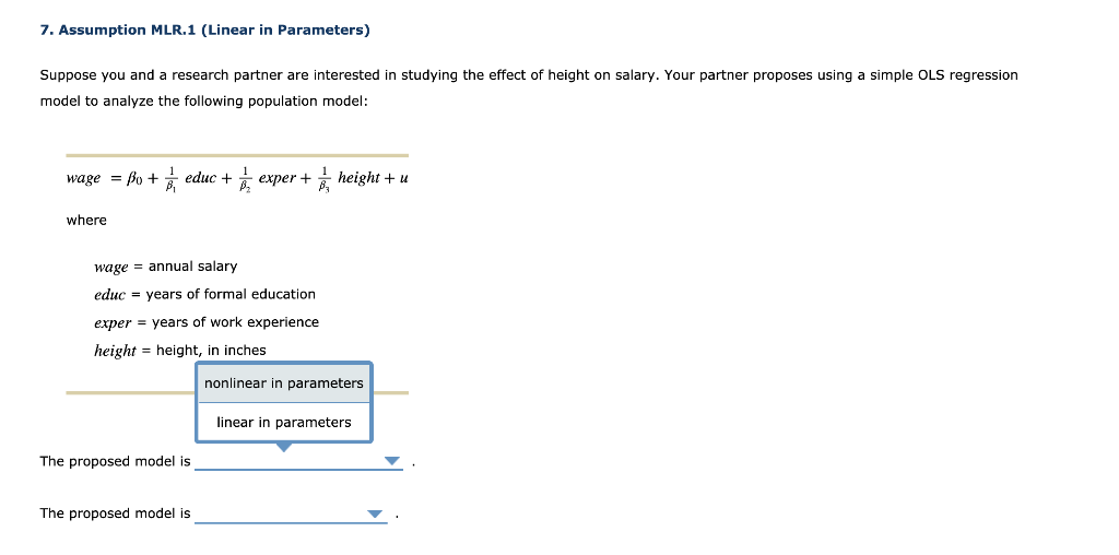 Solved 7. Assumption MLR.1 (Linear in Parameters) Suppose | Chegg.com