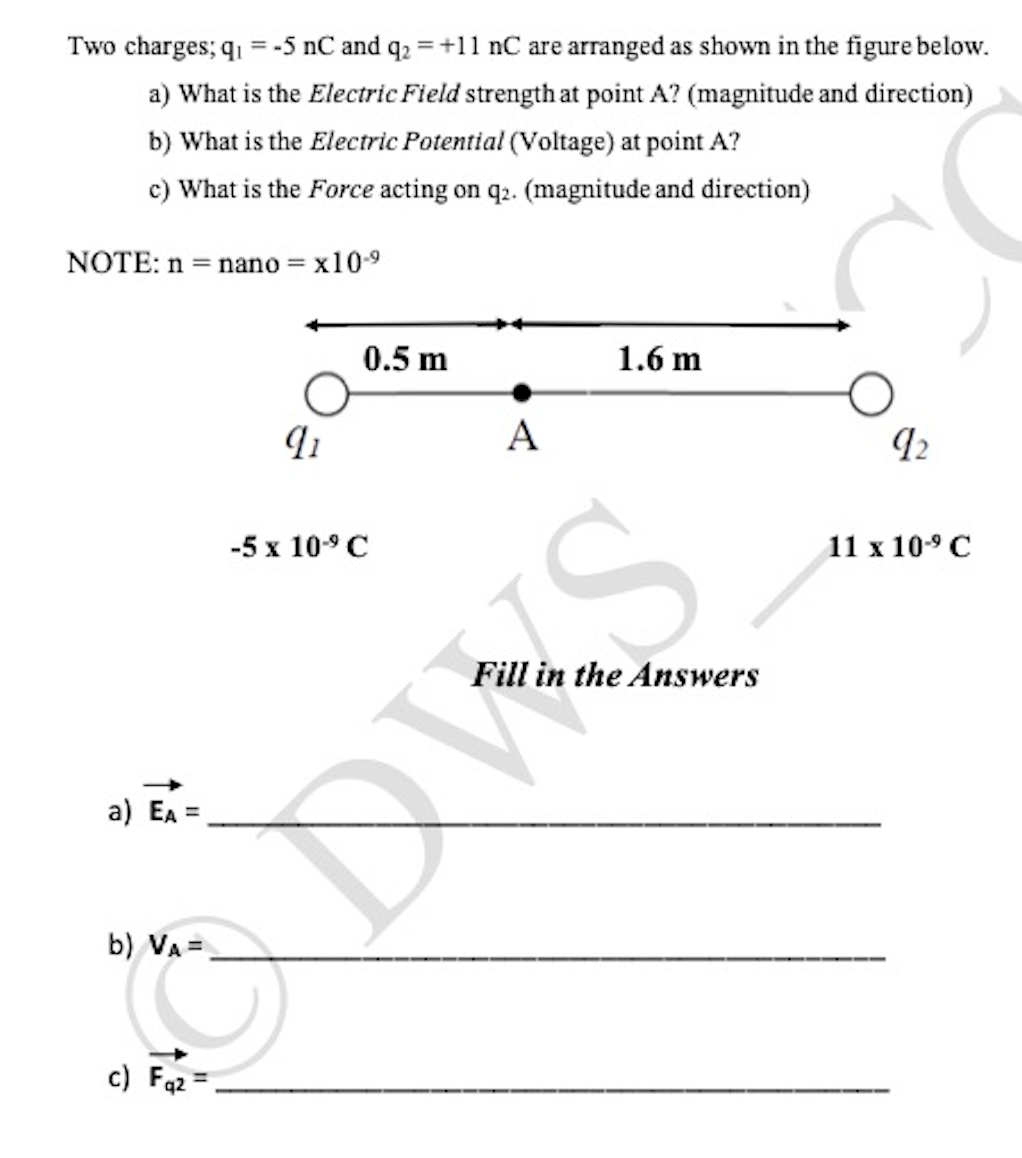 Solved Two charges; q1=−5nC and q2=+11nC are arranged as | Chegg.com