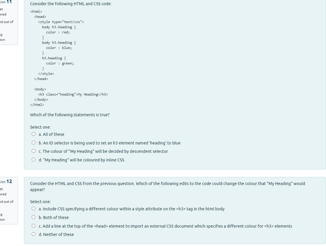 Solved cion 11 Consider the following HTML and CSS code: et | Chegg.com