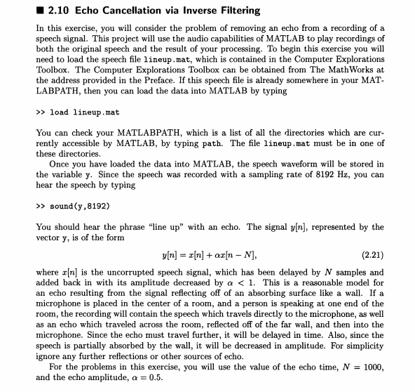 2.10 Echo Cancellation via Inverse Filtering In this | Chegg.com
