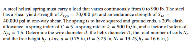 Solved A steel helical spring must carry a load that varies | Chegg.com