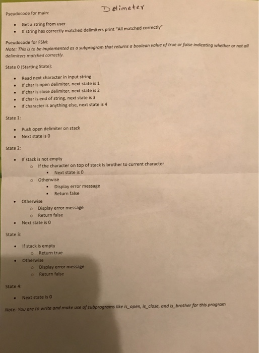 Pseudocode for main Delimeter Get a string from user | Chegg.com