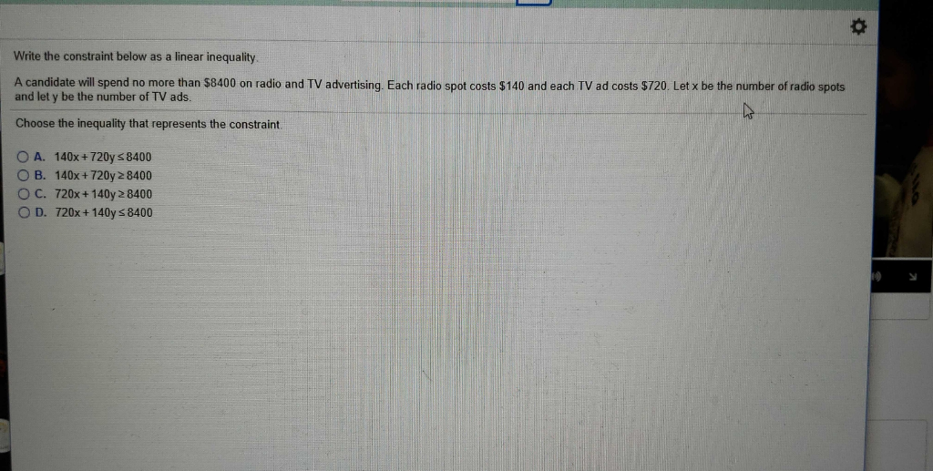 Solved Write the constraint below as a linear inequality A | Chegg.com