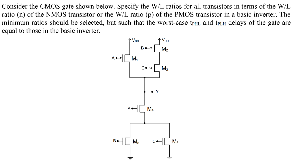 Solved Consider the CMOS gate shown below. Specify the W/L | Chegg.com