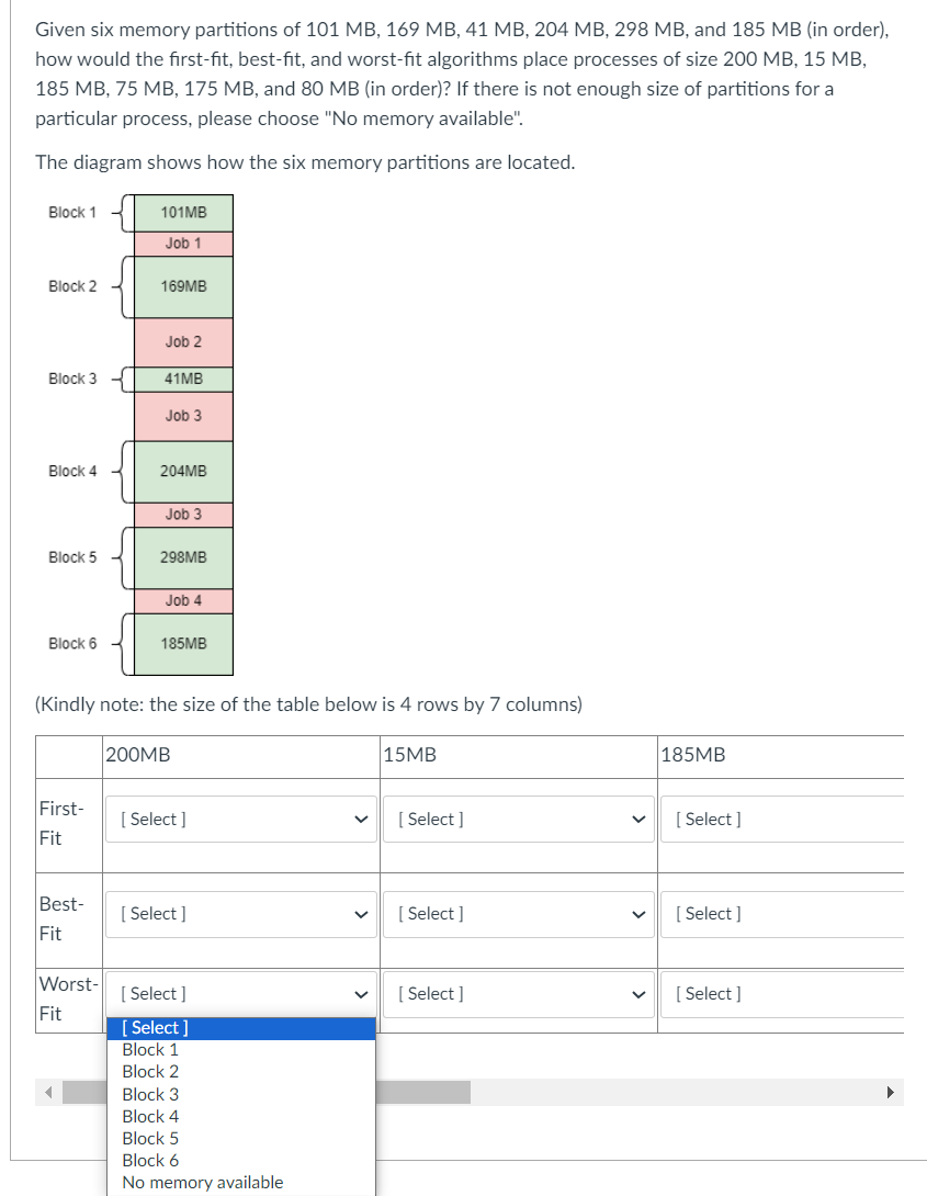 Solved Given six memory partitions of 101 MB, 169 MB, 41 MB, | Chegg.com