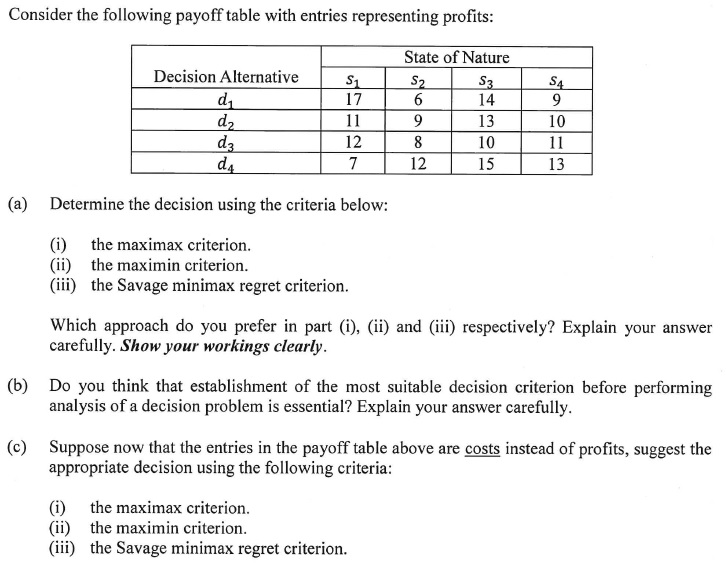 Solved Consider the following payoff table with entries | Chegg.com