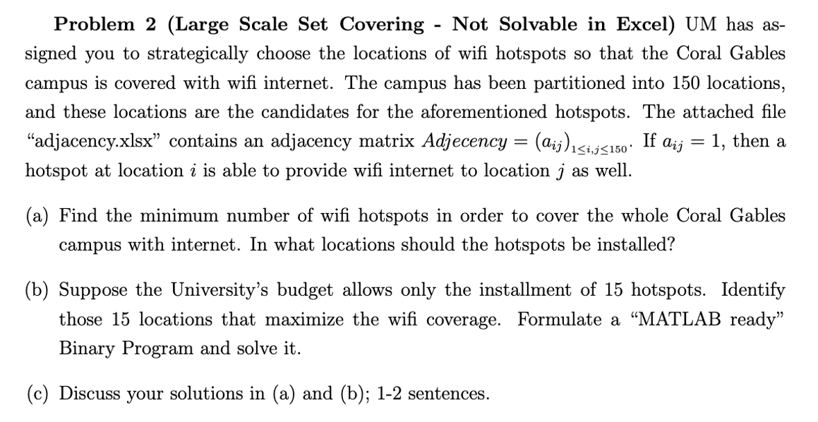 Problem 2 (Large Scale Set Covering - Not Solvable in | Chegg.com