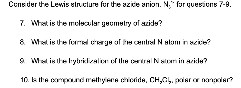 Solved Consider the Lewis structure for the azide anion, | Chegg.com
