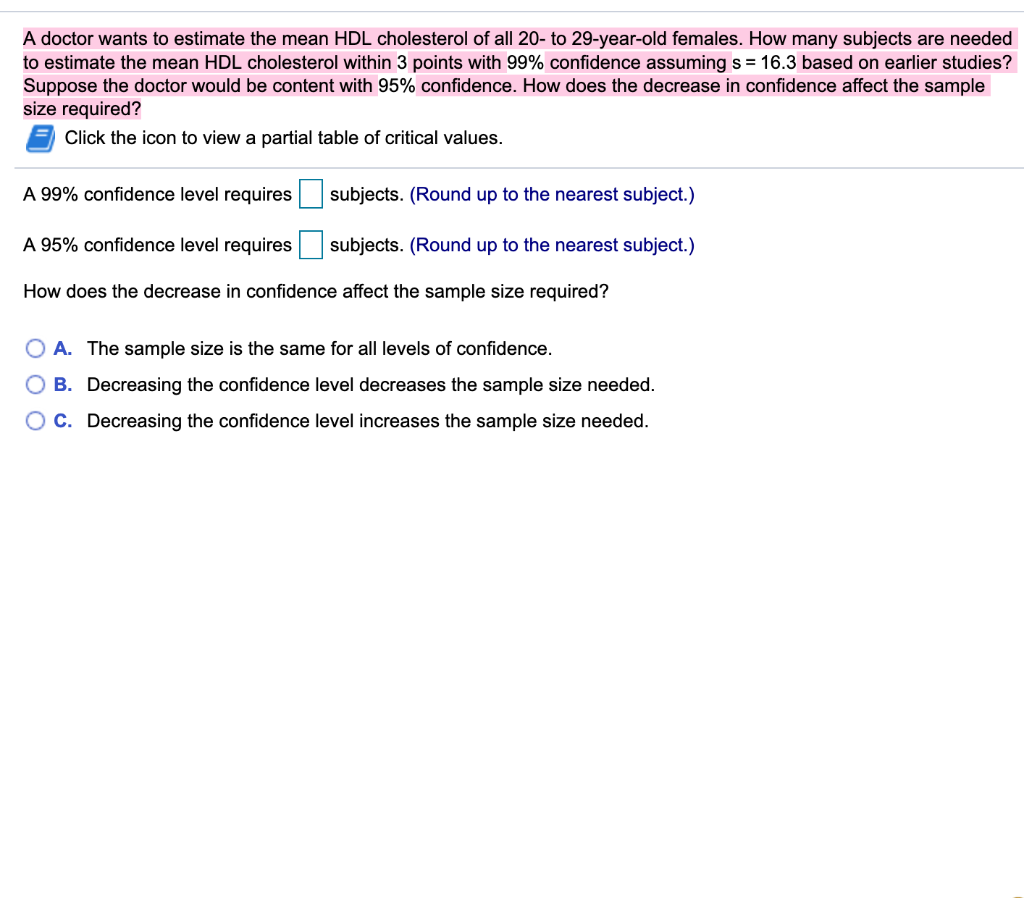 Solved A doctor wants to estimate the mean HDL cholesterol | Chegg.com