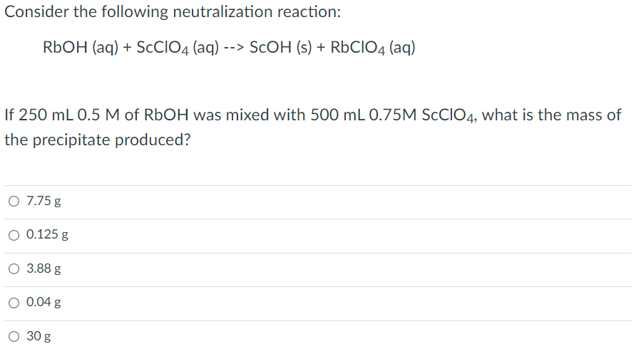 Solved Consider the following neutralization reaction: RbOH | Chegg.com