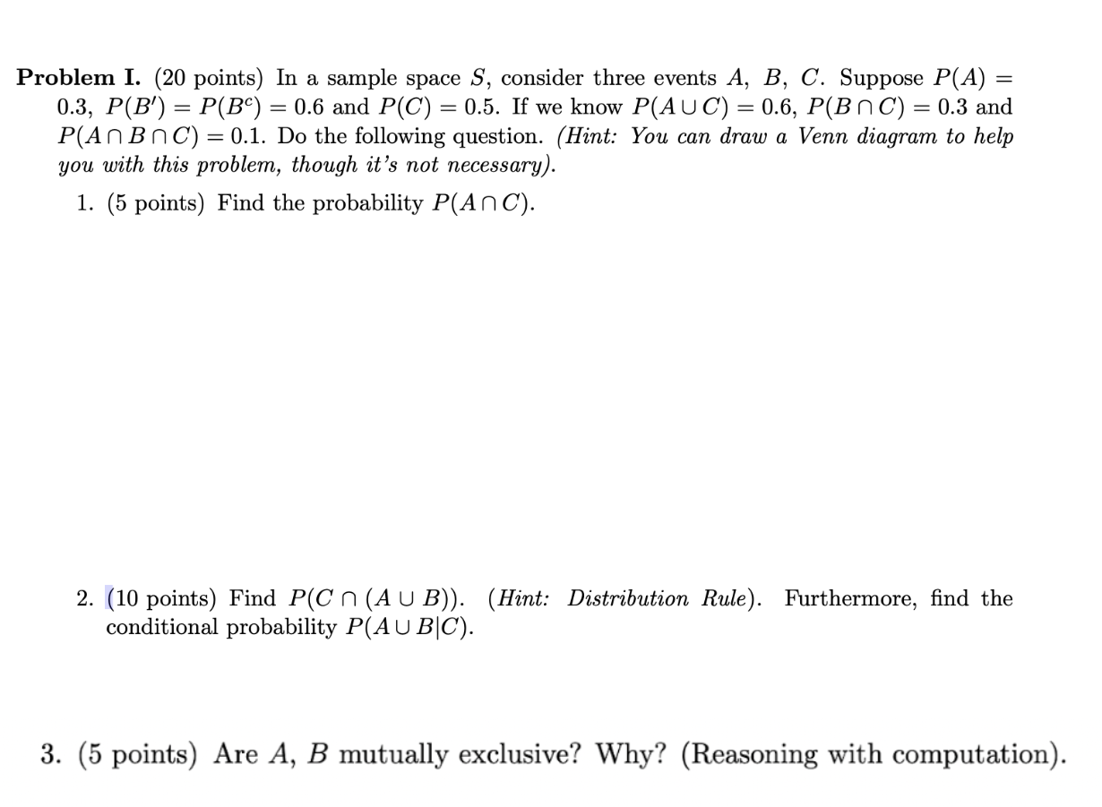 Solved Problem I. (20 points) In a sample space S, consider | Chegg.com