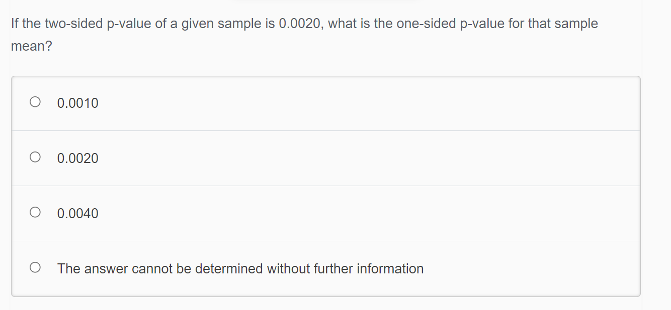 Solved If the two-sided p-value of a given sample is 0.0020, | Chegg.com