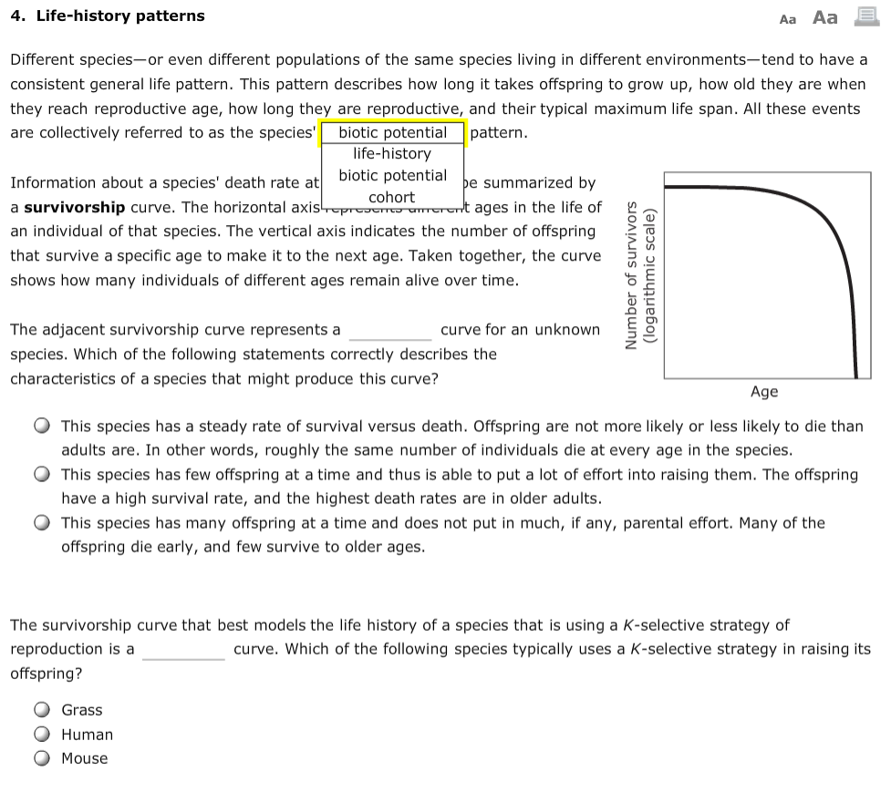Solved 4. Life-history patterns Aa Aa Different species-or | Chegg.com