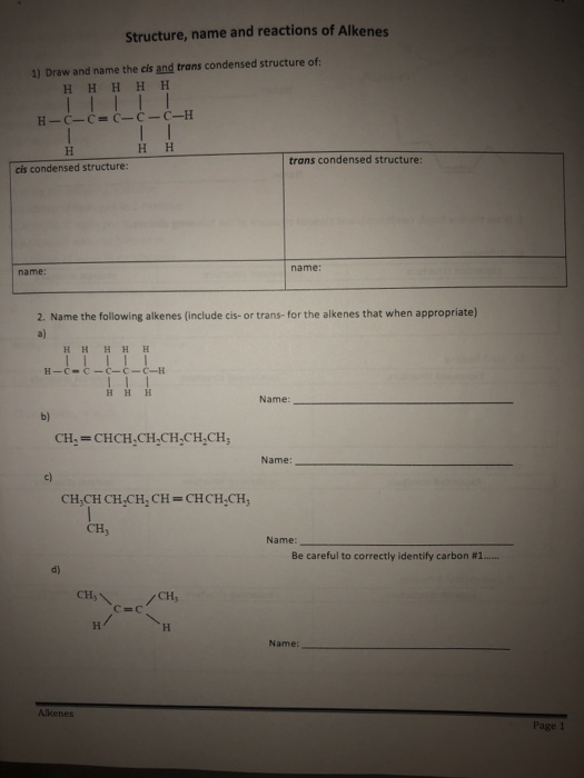 Solved Structure, name and reactions of Alkenes 1) Draw and | Chegg.com
